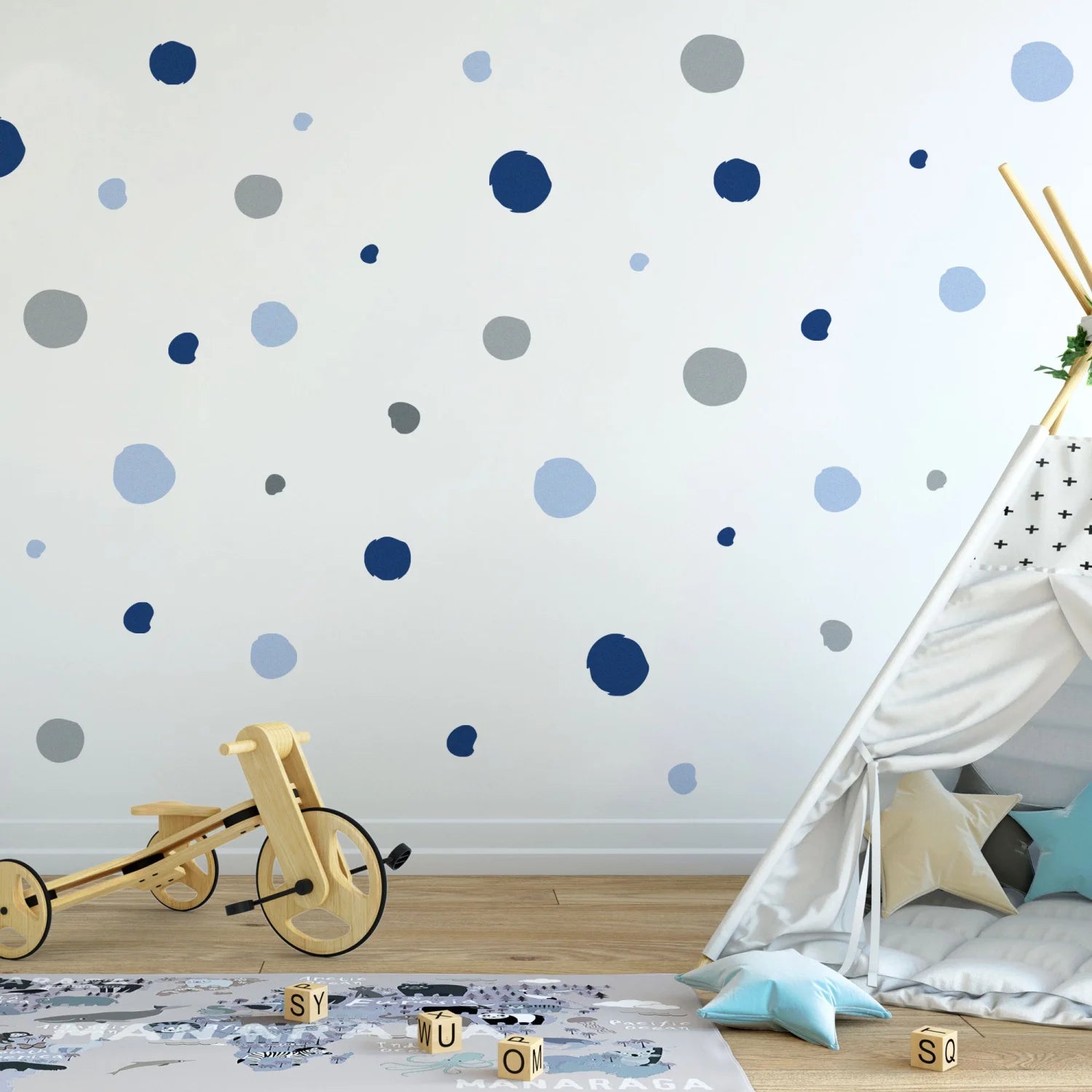 Blue & Grey Polka Dot Wall Decals – Fabric Stickers for Boys’ Rooms ...